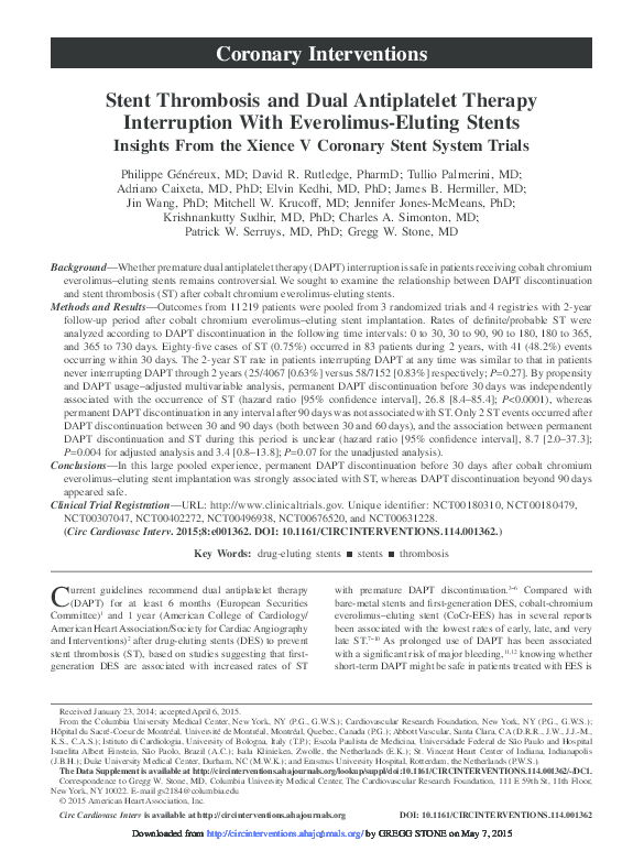(PDF) Stent thrombosis and dual antiplatelet therapy interruption with ...