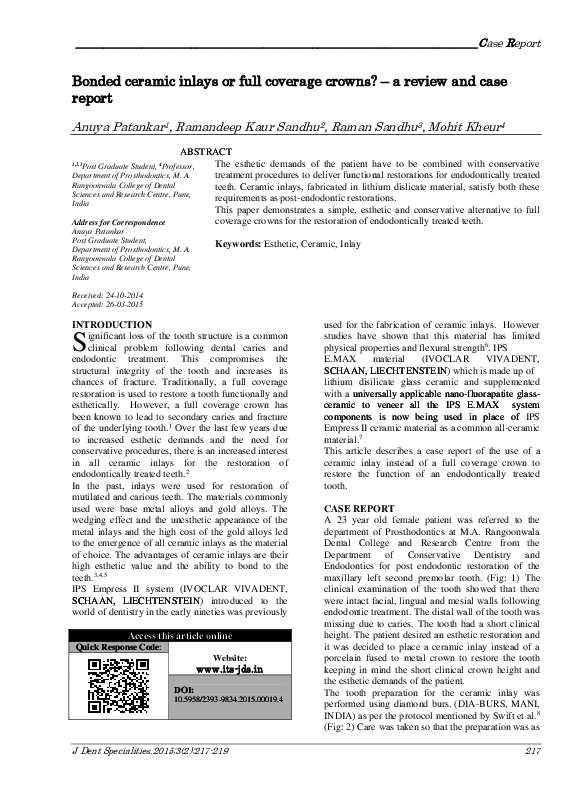 (PDF) Bonded ceramic inlays or full coverage crowns? – a review and ...