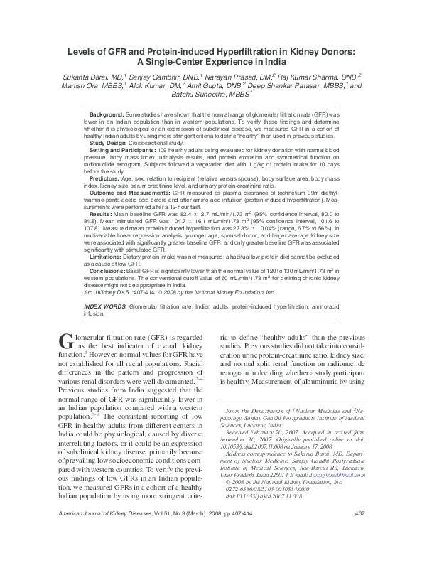 (PDF) Levels of GFR and Protein-induced Hyperfiltration in Kidney ...