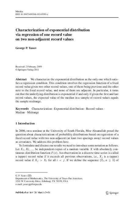 (PDF) Exponential Distribution Characterization via Records