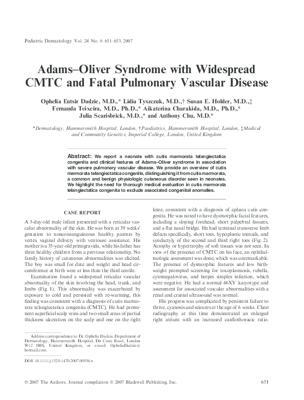 (PDF) Adams–Oliver Syndrome with Widespread CMTC and Fatal Pulmonary ...