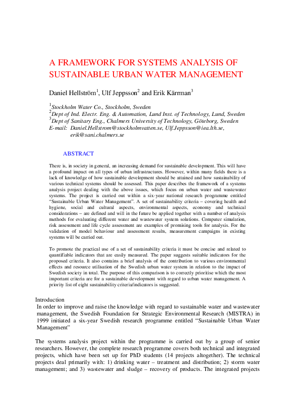 (PDF) A framework for systems analysis of sustainable urban water ...