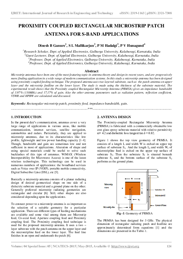 (PDF) PROXIMITY COUPLED RECTANGULAR MICROSTRIP PATCH ANTENNA FOR S-BAND APPLICATIONS