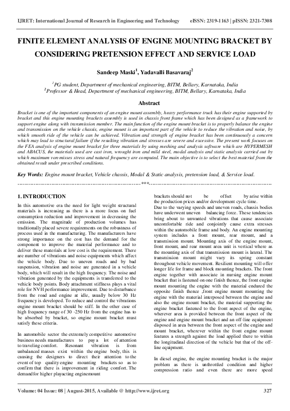 Pdf Finite Element Analysis Of Engine Mounting Bracket By Considering Pretension Effect And
