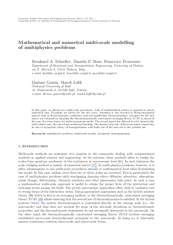 Pdf Mathematical And Numerical Multi Scale Modelling Of Multiphysics