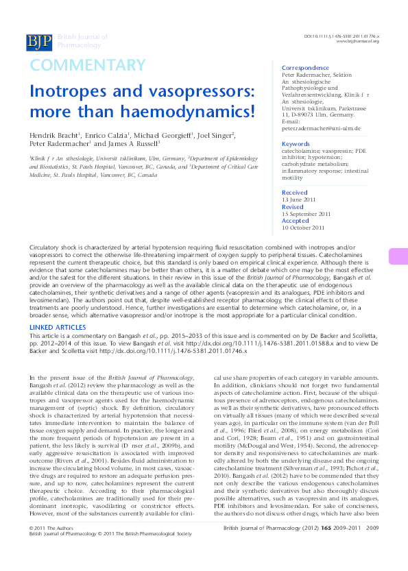 (PDF) Inotropes and vasopressors: more than haemodynamics!