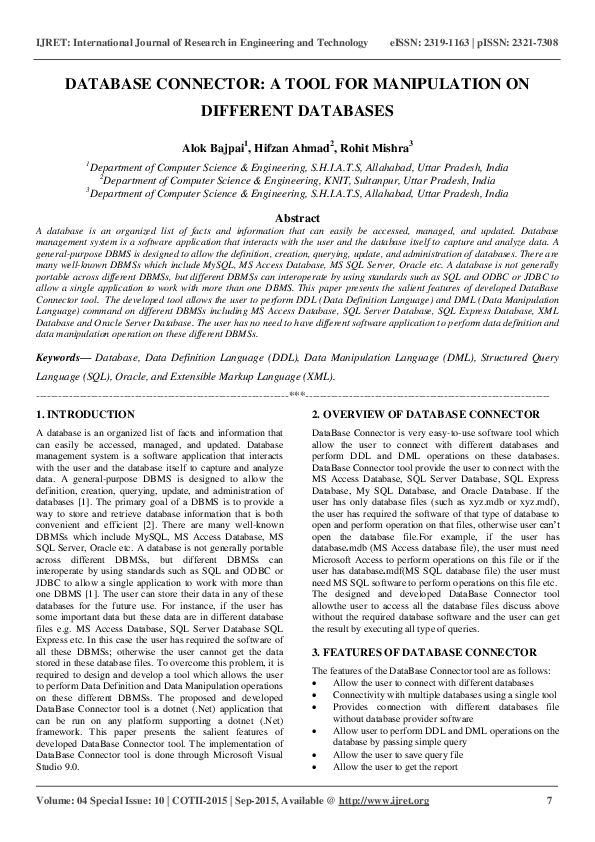 (PDF) DATABASE CONNECTOR: A TOOL FOR MANIPULATION ON DIFFERENT DATABASES