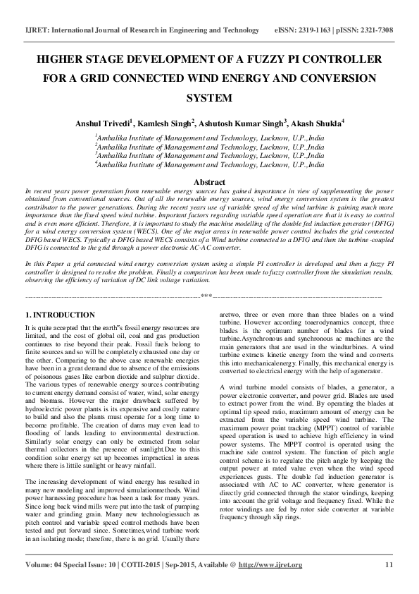 (PDF) HIGHER STAGE DEVELOPMENT OF A FUZZY PI CONTROLLER FOR A GRID CONNECTED WIND ENERGY AND ...