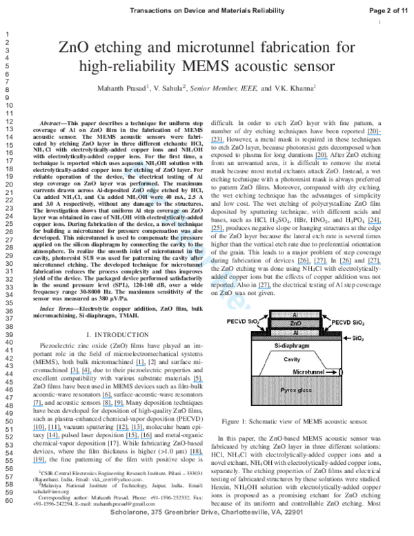 Pdf Zno Etching And Microtunnel Fabrication For High Reliability Mems