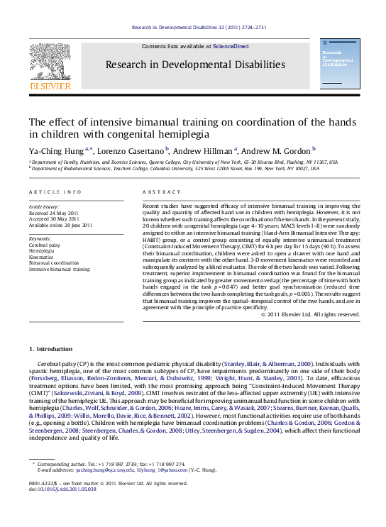 (PDF) The effect of intensive bimanual training on coordination of the ...