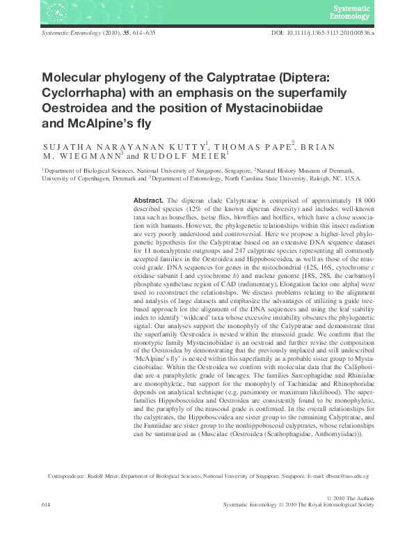 (PDF) Molecular phylogeny of the Calyptratae (Diptera: Cyclorrhapha ...