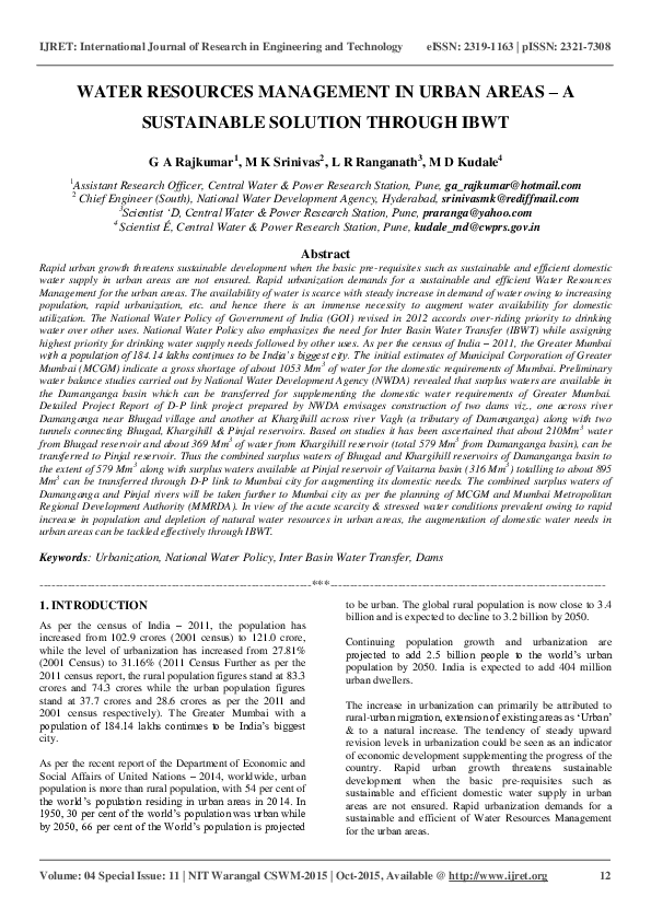 (PDF) WATER RESOURCES MANAGEMENT IN URBAN AREAS – A SUSTAINABLE ...