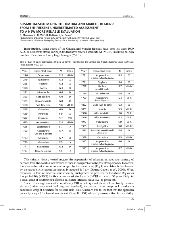 (PDF) Seismic hazard map in the Umbria and Marche regions: from the ...