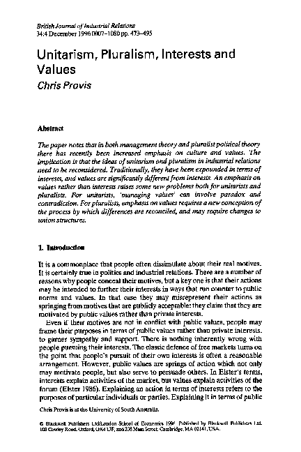 (PDF) Unitarism, Pluralism, Interests and Values