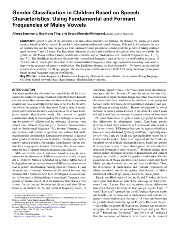 (PDF) Gender classification in children based on speech characteristics: using fundamental and ...