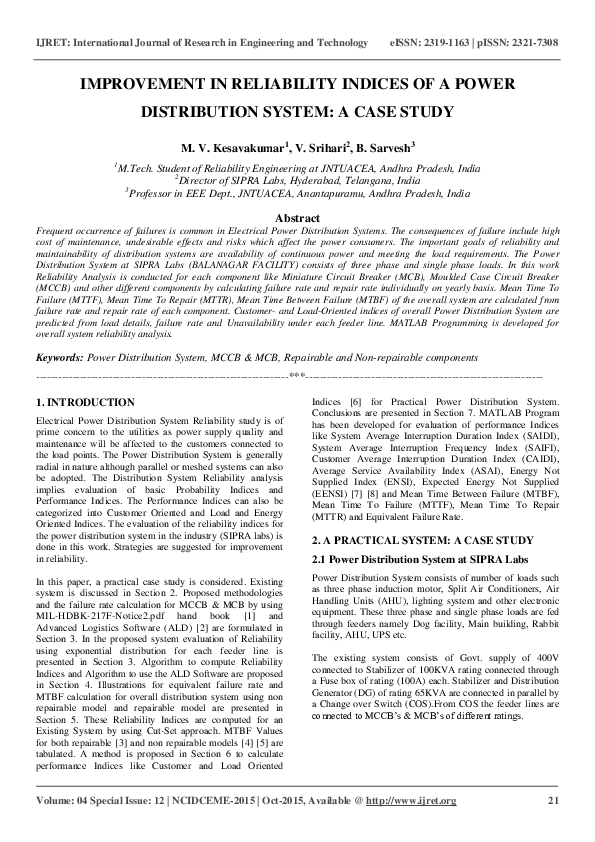 (PDF) IMPROVEMENT IN RELIABILITY INDICES OF A POWER DISTRIBUTION SYSTEM: A CASE STUDY