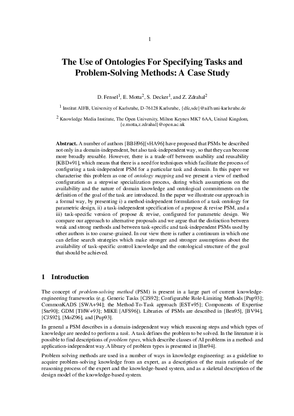 (PDF) The use of Ontologies for Specifying Tasks and Problem Solving Methods: A Case Study