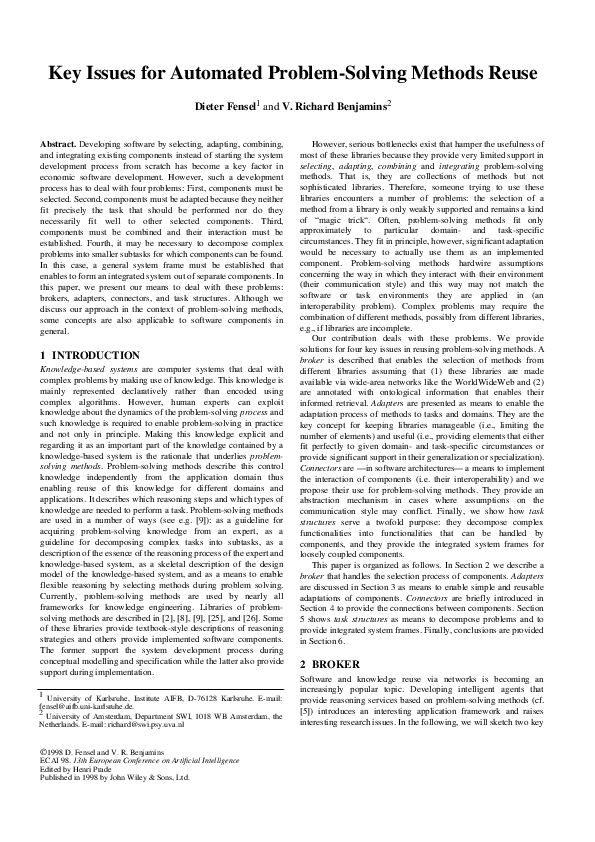 (PDF) Key Issues for Automated Problem-Solving Methods Reuse
