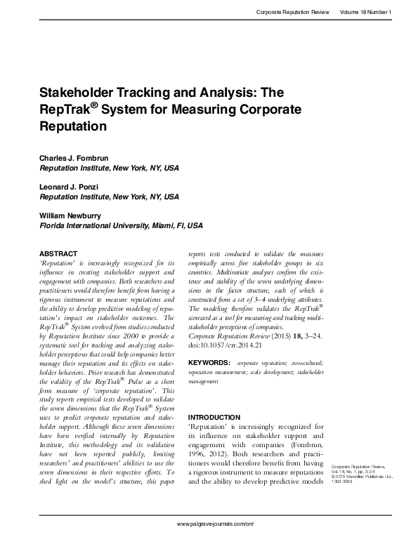 (PDF) Stakeholder Tracking and Analysis: The RepTrak® System for ...