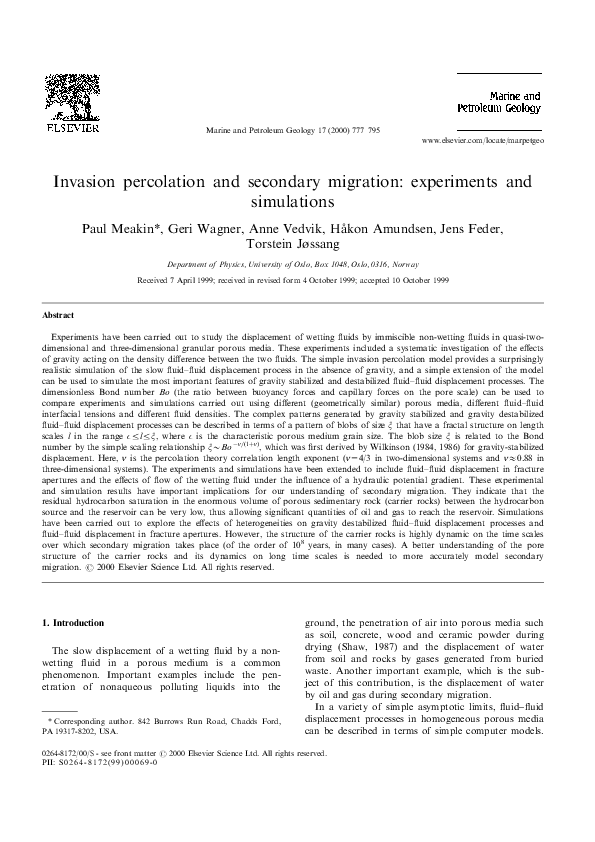 (PDF) Invasion percolation and secondary migration: experiments and ...