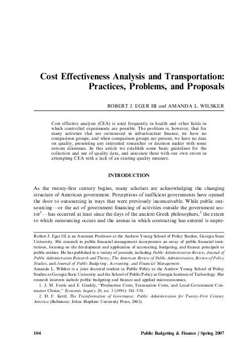 (PDF) Cost Effectiveness Analysis and Transportation: Practices, Problems, and Proposals