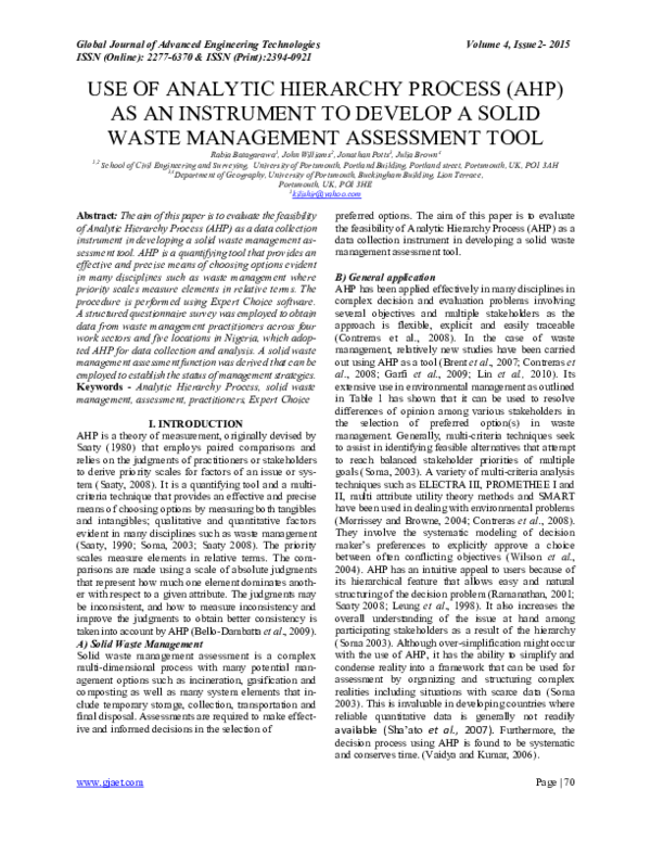 (PDF) USE OF ANALYTIC HIERARCHY PROCESS (AHP) AS AN INSTRUMENT TO DEVELOP A SOLID WASTE ...