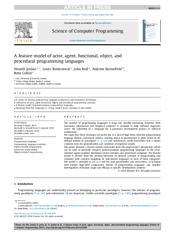Pdf A Feature Model Of Actor Agent Functional Object And Procedural Programming Languages