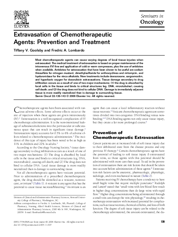 (PDF) Extravasation of Chemotherapeutic Agents: Prevention and Treatment
