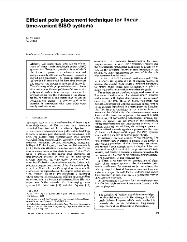 Pdf Efficient Pole Placement Technique For Linear Time Variant Siso