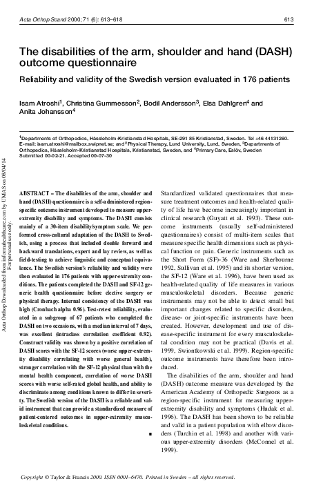 Pdf The Disabilities Of The Arm Shoulder And Hand Dash Outcome Questionnaire Reliability