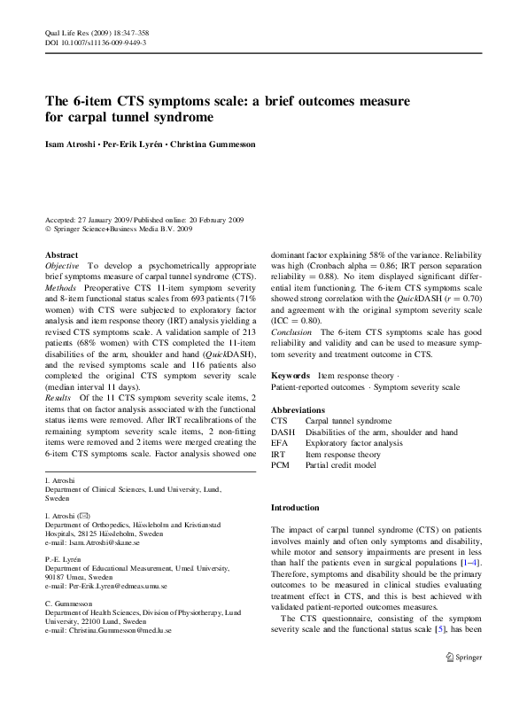 (PDF) The 6-item CTS symptoms scale: a brief outcomes measure for ...