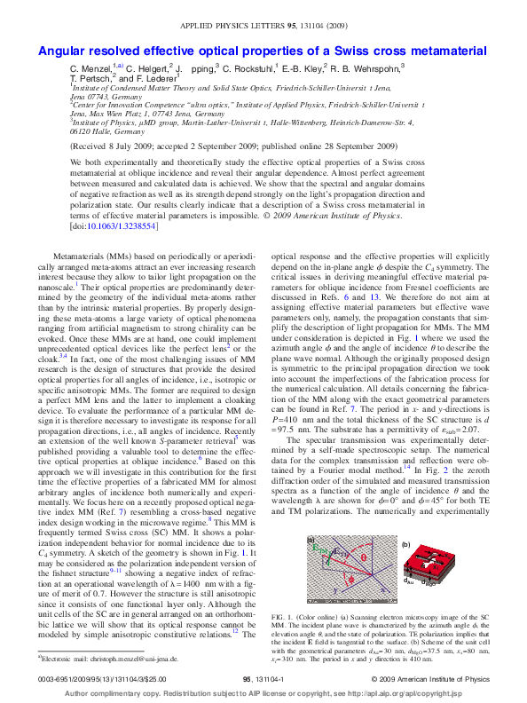 (PDF) Angular resolved effective optical properties of a Swiss cross metamaterial
