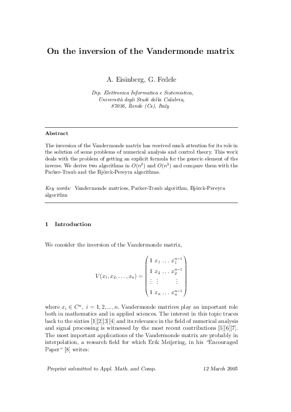 (PDF) On the inversion of the Vandermonde matrix