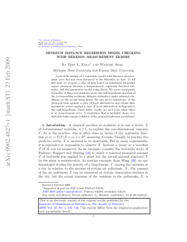 Pdf Minimum Distance Regression Model Checking With Berkson Measurement Errors Hira Koul