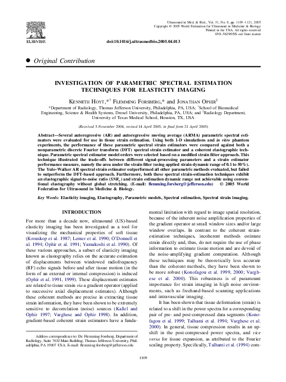 (PDF) Investigation of parametric spectral estimation techniques for elasticity imaging
