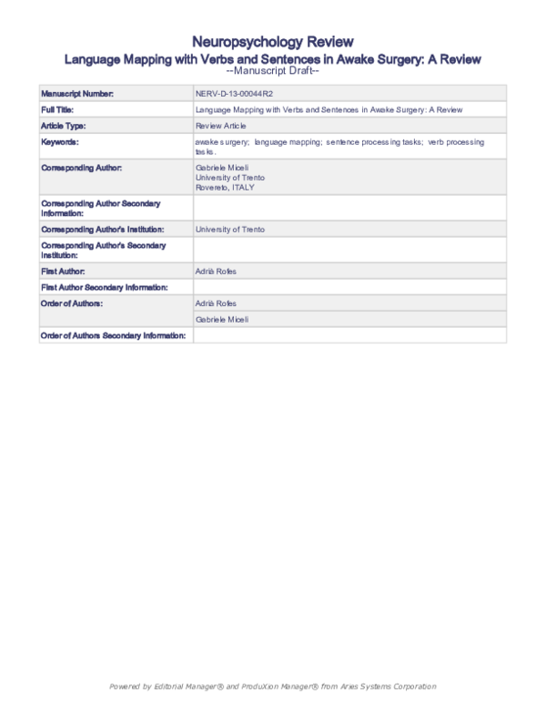(PDF) Language Mapping with Verbs and Sentences in Awake Surgery: A Review