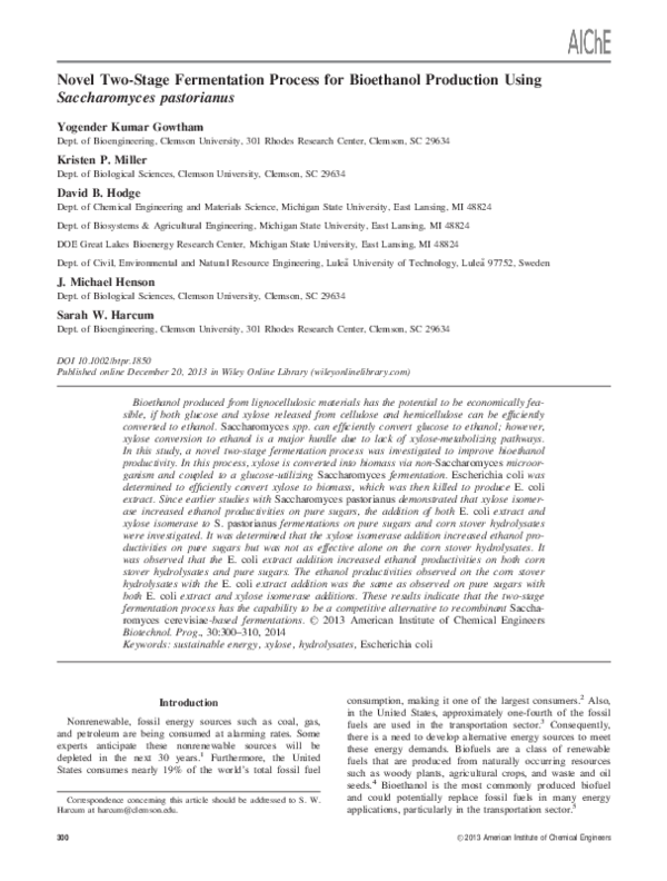 (PDF) Novel two-stage fermentation process for bioethanol production ...