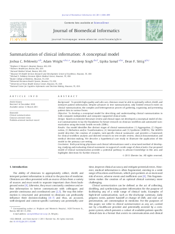 (PDF) Summarization of clinical information: A conceptual model