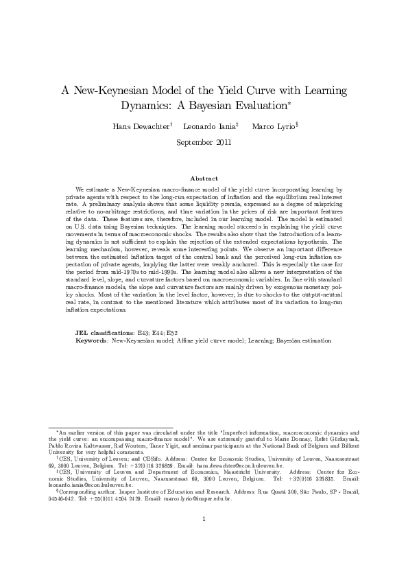 (PDF) A New-Keynesian Model of the Yield Curve with Learning Dynamics: A Bayesian Evaluation