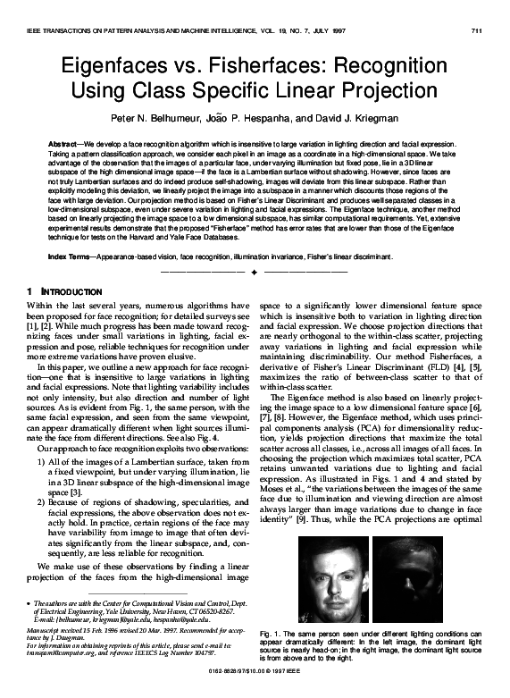 (PDF) Eigenfaces vs. Fisherfaces: recognition using class specific ...