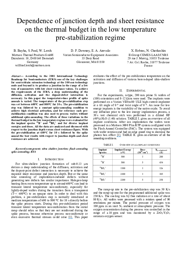 (PDF) Dependence of junction depth and sheet resistance on the thermal ...
