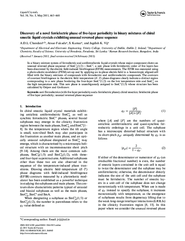 (PDF) Discovery of a novel ferrielectric phase of five-layer periodicity in binary mixtures of ...