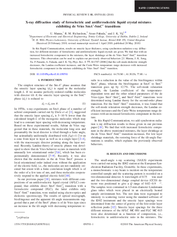 (PDF) X-ray diffraction study of ferroelectric and antiferroelectric ...