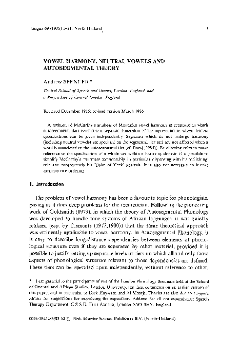 (PDF) Vowel harmony, neutral vowels and autosegmental theory