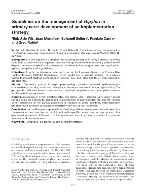 (PDF) Guidelines on the management of H.pylori in primary care ...