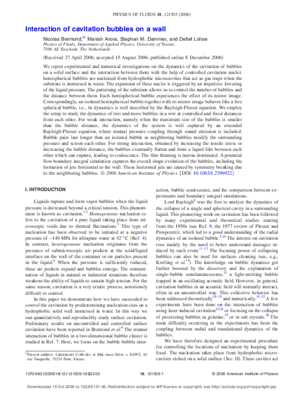 (PDF) Interaction of cavitation bubbles on a wall