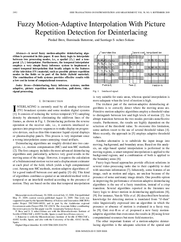 (PDF) Fuzzy Motion-Adaptive Interpolation With Picture Repetition Detection for Deinterlacing