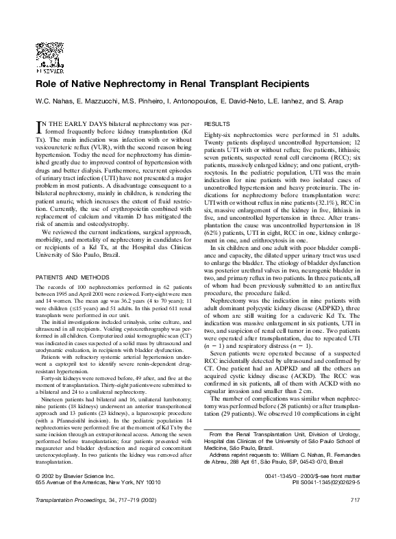 (PDF) Role of native nephrectomy in renal transplant recipients