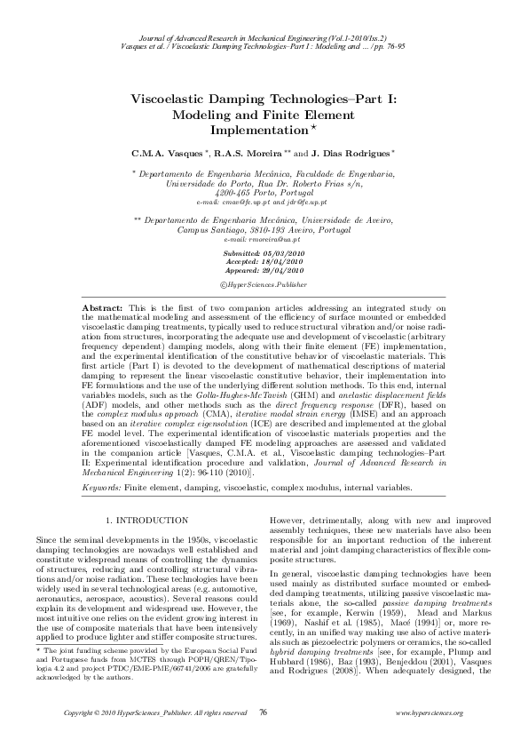 Pdf Viscoelastic Damping Technologiespart I Modeling And Finite Element Implementation⋆