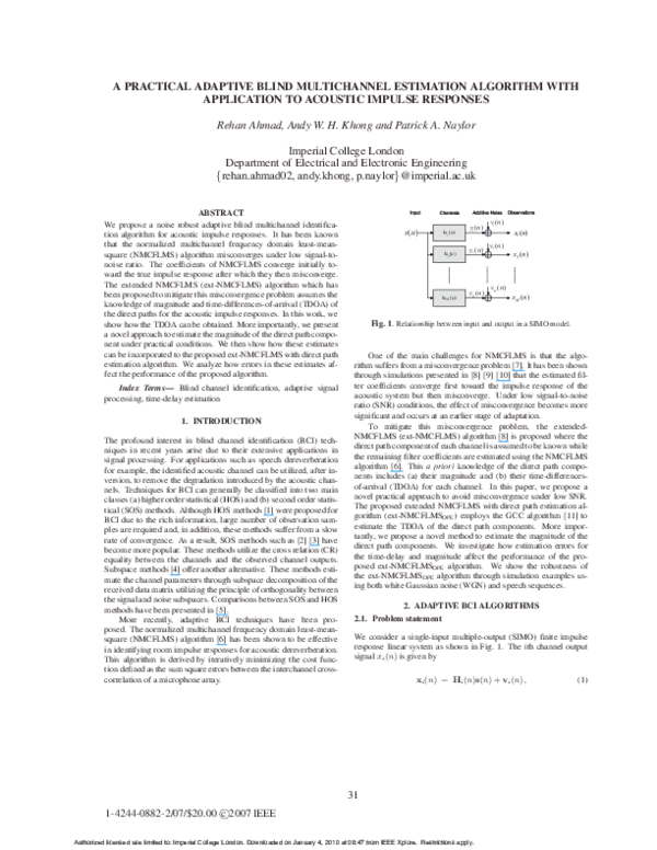 (PDF) A Practical Adaptive Blind Multichannel Estimation Algorithm with ...